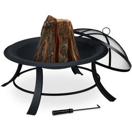 Relaxdays - Feuerschale mit Funkenschutz, Garten & Terrasse, mit Schürhaken, Outdoor Feuerstelle, d: 73,5 cm, schwarz