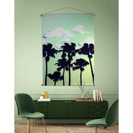 Cosy Home Ideas Wanddekoobjekt Wandbehang Palmen Wanddeko blau grün Stoff 90x130 cm Holzstäbe (Stück