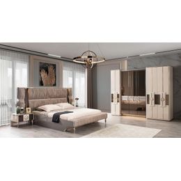 JVmoebel Schlafzimmer-Set Luxus Doppelbett Garnitur Bett Beige Holz Modern Schlafzimmer Set 3tlg