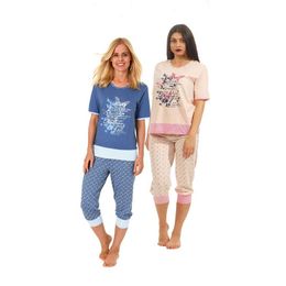 Normann Pyjama Zweierpack Damen Capri Pyjama Schlafanzüge Kurzarm mit Rundhals