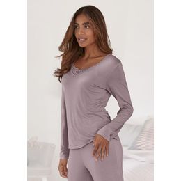 Lascana Pyjamaoberteil violett Gr. 40/42 für Damen. V-Ausschnitt und Spitze