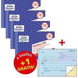 4 + 1 GRATIS: 4 Avery Zweckform Quittung, MwSt. separat ausgewiesen Formularbücher 1735-5 + GRATIS 1 St.