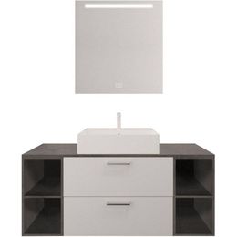nobilia® elements Badmöbel-Set, (2-St), Badblock mit Flächenspiegel und Regalen, grau|weiß
