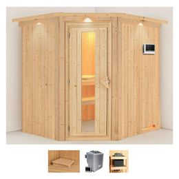 Karibu Sauna Stine, BxTxH: 210 x 184 x 202 cm, 68 mm, (Set) 9 KW-Bio-Ofen mit externer Steuerung, beige