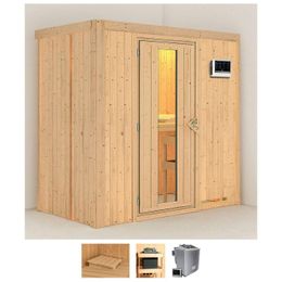 Karibu Sauna Vada, BxTxH: 196 x 118 x 198 cm, 68 mm, (Set) 9 KW-Bio-Ofen mit externer Steuerung, beige