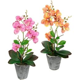 Kunstpflanze Orchidee, I.GE.A., Höhe 40 cm, Mit Blättern und Luftwurzeln, im Topf aus Keramik, 2er Set, orange|rosa