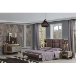 JVmoebel Schlafzimmer-Set Doppelbett Garnitur Luxus Schlafzimmer Holz Braun Stoff Bett Set 4tlg