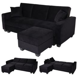 Sofa MCW-H47 mit Ottomane, Couch Sofa G&auml;stebett, Schlaffunktion Stauraum 217x145cm ~ Samt schwarz