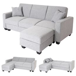 Sofa MCW-H47 mit Ottomane, Couch Sofa G&auml;stebett, Schlaffunktion Stauraum 217x145cm ~ Stoff/Textil hellgrau