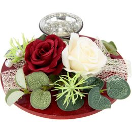 I.GE.A. Teelichthalter Mit Glaseinsatz und Teelichtkerze, künstlichen Rosen Eukalyptus (1 St), Kerzenständer Kerzenhalter Tischdeko Kerzen Muttertag Valentinstag, rot