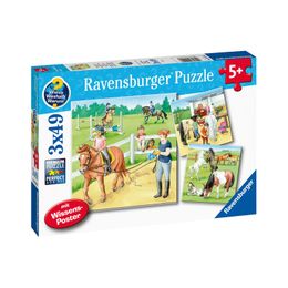 RAVENSBURGER VERLAG Puzzle WIESO? WESHALB? WARUM - Ein Tag auf dem Reiterhof - 3x49-teilig