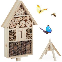 Relaxdays - Insektenhotel Haus auf Ständer, Nisthilfe für Garten, Bienenhotel Wildbienen, Holz, hbt: 140x47x47cm, natur