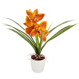 Kunstblume Orchidee, I.GE.A., Höhe 32 cm, Mit Blätter im Topf aus Keramik Künstliche Blume Cymbidium-Orchidee, orange