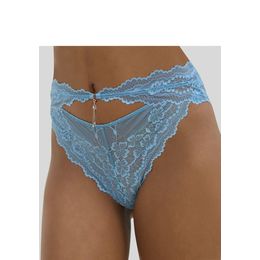 Lascana Tanga blau Gr. 44/46 f&uuml;r Damen. Mit Schmuckelement, Schmucksteine, Spitze, Glitzerdetails. Figurbetont
