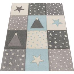 Paco Home - Kinderteppich Teppich Kinderzimmer Pastell Kariert Punkte Mond Sterne Weiß Grau Blau 80x150 cm