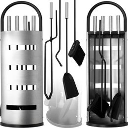 Kesser® Kaminzubehör 5-teiliges Kaminbesteck Set – Modern Design, beschichtet, Hochwertige Kamingarnitur aus 5 Teilen: Besen, Schaufel, Schürhaken, Zange, Ständer mit Sichtschutz Edelstahl