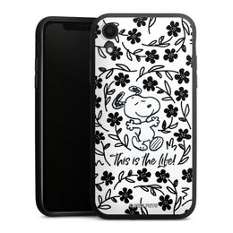 DeinDesign iPhone Xr Handy Premium Silikon H&uuml;lle Handyh&uuml;lle schwarz Case Peanuts Flowers Snoopy Silikon Premium Case