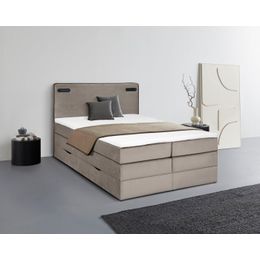 LEONIQUE Boxspringbett Adil (5-St), mit LED Beleuchtung, inkl. Komfortschaum-Topper, braun