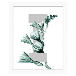 queence Bild I-Flower, Buchstaben, Blume, gerahmt, Blätter, grau|grün