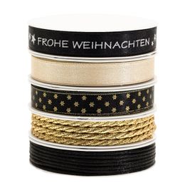 buttinette Bänderpaket "Weihnachten", schwarz-gold, 2–15 mm, 5x 2 m