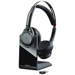 Poly Voyager Focus UC Computer On Ear Headset Bluetooth® Stereo Schwarz Noise Cancelling Headset, inkl. Lade- und Dockingstation, Lautstärkeregelung,
