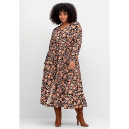 sheego by Joe Browns Große Größen: Maxikleid mit Blumenprint und gesmokter Taille, schwarz gemustert, Gr.40