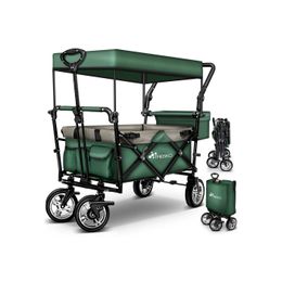 TRESKO Bollerwagen faltbar mit Dach Handwagen mit 2x3-Punkt Gurtsystem (Gartenwagen klappbar bis 80 kg Transportwagen mit Vollgummi-Reifen)