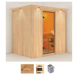 Karibu Sauna Bedine, BxTxH: 210 x 165 x 202 cm, 68 mm, (Set) 9 KW-Ofen mit integrierter Steuerung, beige