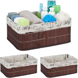 Relaxdays 3 x Aufbewahrungskorb Bambus, HBT: 16,5 x 38 x 28,5 cm, Regalkorb mit Griff, je 15 Liter, faltbar, zum Verstauen, braun