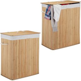 Relaxdays 2 x Wäschekorb Bambus mit Deckel, rechteckiger Wäschesammler, 2 Fächer, 95 l Volumen, faltbare Wäschebox, natur
