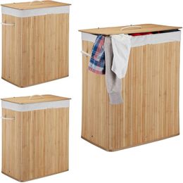 Relaxdays 3 x Wäschekorb Bambus mit Deckel, rechteckiger Wäschesammler, 2 Fächer, 95 l Volumen, faltbare Wäschebox, natur