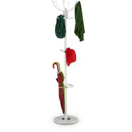 Garderobenständer mit Schirmständer, 16 Haken, hd 176,5 x 36,5 cm, Marmorfuß, Standgarderobe freistehend, weiß - Relaxdays