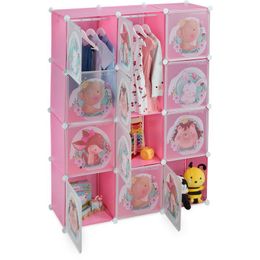 Steckregal Kinder, 2 Kleiderstangen, Türen mit Tierkindern, hbt: 145x110x37 cm, diy Kinderkleiderschrank, rosa - Relaxdays