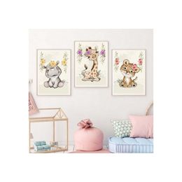 WANDKIND Poster Kinderzimmer Poster 3er Set Premium P724 / Tiere mit Blümchen