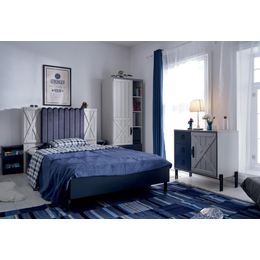JVmoebel Schlafzimmer-Set Luxus Modern Blau Schlafzimmer Set Bett Kommode Bücherregal
