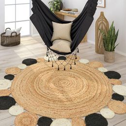 Teppich Wohnzimmer Rund Kurzflor Hangewebt Cut-Out Muster Einfarbig Modern Beige Schwarz Creme ø 100 cm Rund - Paco Home