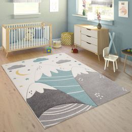 Teppich Kinderzimmer Kinderteppich Spielteppich Pastell 3D Berge Wolken Sterne 80x150 cm, Creme - Paco Home