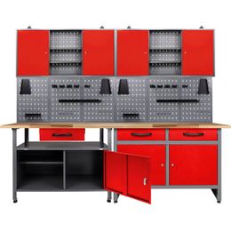 ONDIS24 Werkstatt-Set, 2x Werkbank, 2x Werstattschrank, 2x Lochwand, rot