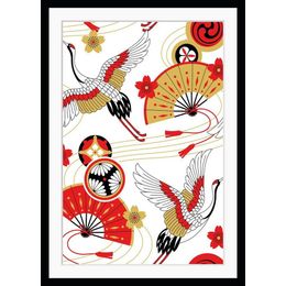 queence Bild Karin, Vögel, gerahmt, Chinesisch, Japanisch, Kranich, rot