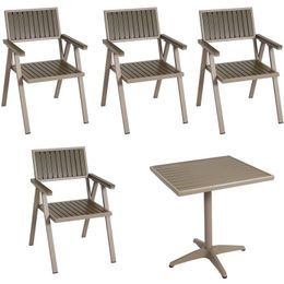 HHG - neuwertig] 4er-Set Gartenstuhl+Gartentisch 861, Stuhl Tisch, Gastro Outdoor-Beschichtung, Alu Holzoptik champagner, grau - grey