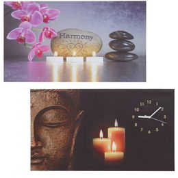 HHG [NEUWERTIG] 2er-Set LED-Bild, Leuchtbild Leinwandbild Wandbild, Timer Buddha/Harmony Wanduhr 70x40cm - multicolour