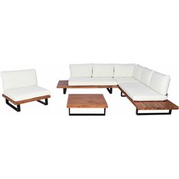 Neuwertig] Garten-Garnitur mit Sessel HHG 469, Lounge-Set Sofa, Spun Poly Akazie Holz mvg Aluminium braun, Polster cremeweiß - white