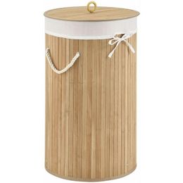 Bambus Wäschekorb Curly-Round – 55 Liter Volumen – Wäschesammler mit Deckel, Tragegriffen & Stoff Wäschesack – 1 Fach Wäschebox – in Natur - Juskys