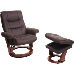 Neuwertig] mca Relaxsessel HHG 128, Fernsehsessel TV-Sessel Hocker, Stoff schwarz-braun Wildleder-Imitat, Gestell Walnuss-Optik - brown