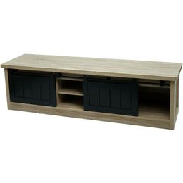 Neuwertig] TV-Rack HHG 132, Fernsehtisch TV-Board, Schiebetüren Staufächer, Holz-Optik Industrial Metall 43x150x40cm naturfarben - beige