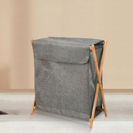 Grauer faltbarer Wäschekorb für den Haushalt, großer Massivholz-Wäschekorb, Kleidungsaufbewahrungsartefakt, Größe 56,5 x 34 x 50 cm, Bambus +