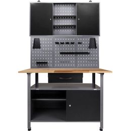 ONDIS24 Werkstatt-Set, inkl. Werkbank, Werkzeugschrank, Lochwand & 22-tlg. Hakenset, grau|schwarz