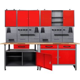 ONDIS24 Werkstatt-Set, 2x Werkbank, 2x Werkzeugwand, 3x Hängeschrank, rot|schwarz