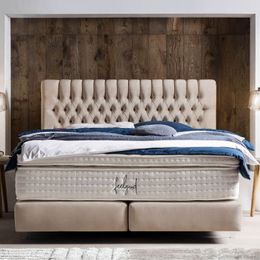 BettCo Boxspringbett Chester (in Beige Samt, 200 x 200 cm), Acryl-Füße, Kostenloser Aufbau, Mit Naturlatex Topper 7 cm, Beige