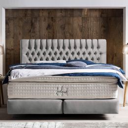 BettCo Boxspringbett Chester (in Silber Samt, 200 x 200 cm), Acryl-Füße, Kostenloser Aufbau, silberfarben, Mit Visco/Kaltschaumtopper 8 cm, Silber